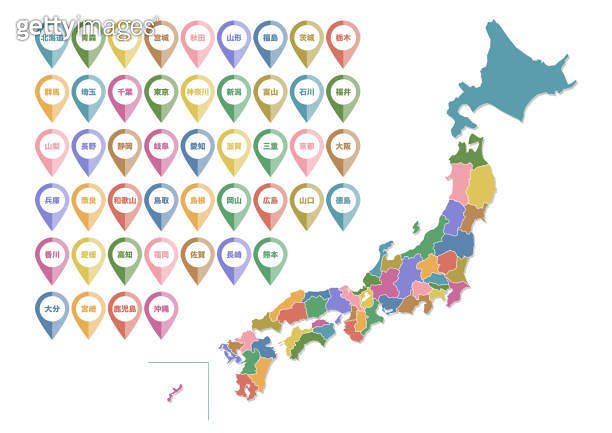 Vector illustration of Japan map. Map and icons color-coded by ...
