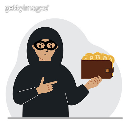 Thief in a black mask with a purse of coins with a bitcoin sign. Cyber ...