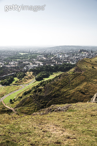 Scotland, Edinburgh. Holyrood park and ancient volcano. City of ...
