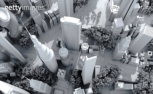 Beautiful panoramic view of city 3D model. Modern city with skyscrapers ...