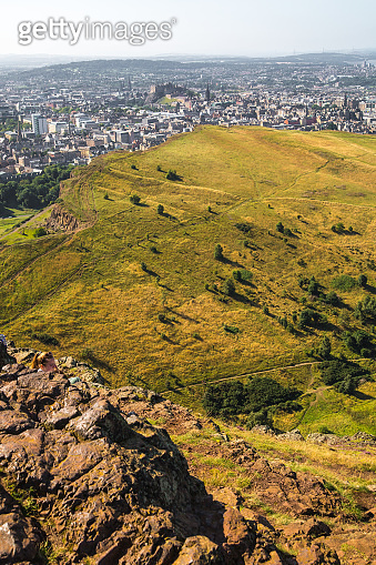 Scotland, Edinburgh. Holyrood park and ancient volcano. City of ...