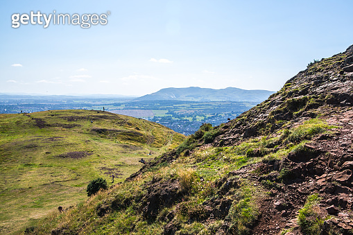 Scotland, Edinburgh. Holyrood park and ancient volcano. City of ...