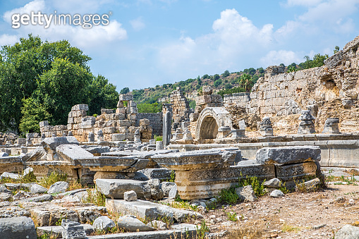 Perge, Gate complex buildings. Greco-Roman ancient city Perga. Greek ...
