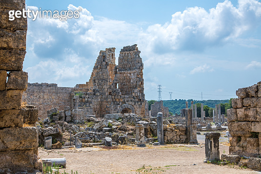 Perge. Gate complex building. Ruins of Greco-Roman ancient city Perga ...