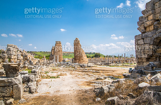 Perge, Hellenistic gates ruins. Greco-Roman ancient city Perga view ...