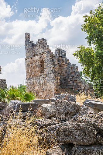 Perge. Greco-Roman ancient city Perga view. Remains of the city walls ...