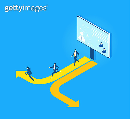 Business people running towards the arrow sign, make decisions, solving ...