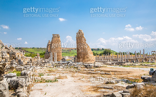 Perge, Hellenistic gates ruins. Greco-Roman ancient city Perga view ...
