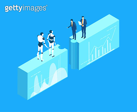 Isometric 3D business environment. Robots work together with business ...