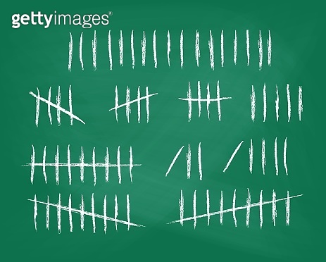 Tally marks set on school green chalkboard. Collection of white hash ...