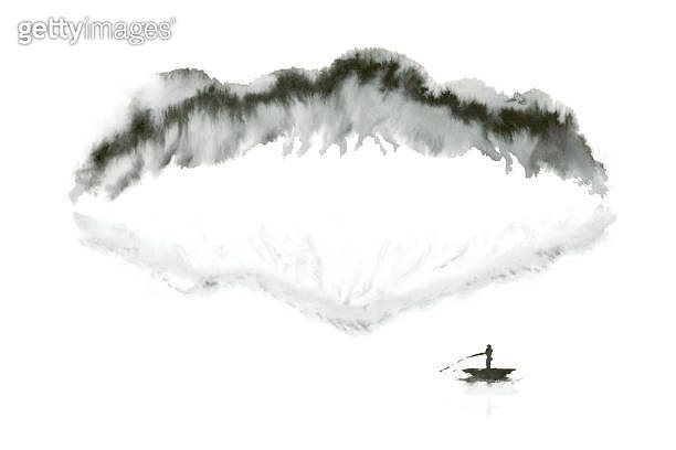 Japanese sumi black landscape abstract, mountain and lake, natural ...