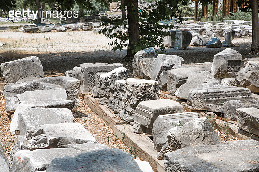 Marble carved ruins, decorations of action city Perge. Ancient Greco ...