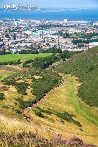 Scotland, Edinburgh. Holyrood park and ancient volcano. City of ...