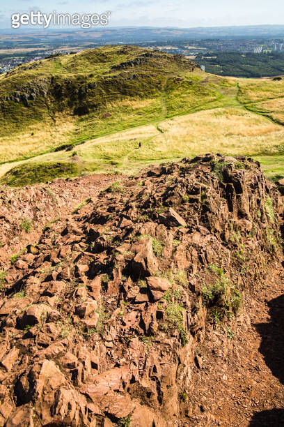 Scotland, Edinburgh. Holyrood park and ancient volcano. City of ...