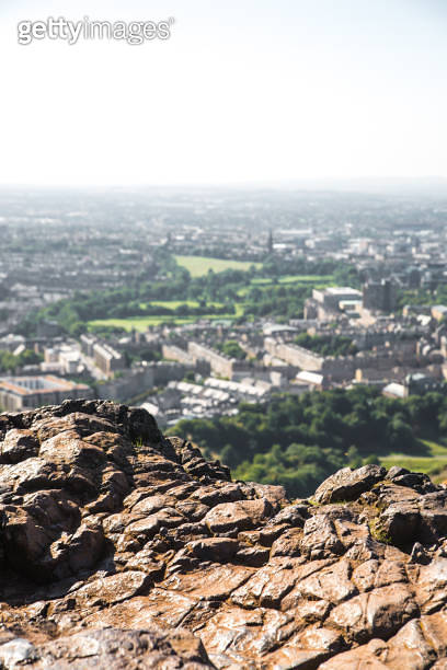 Scotland, Edinburgh. Holyrood park and ancient volcano. City of ...
