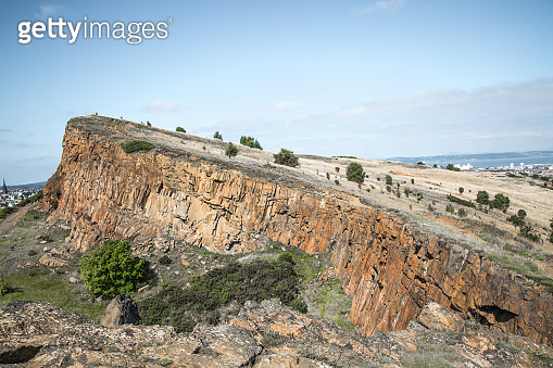 Scotland, Edinburgh. Holyrood park and ancient volcano. City of ...