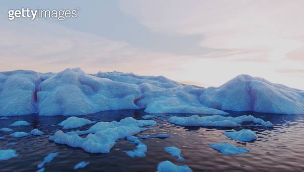 Glaciers and Antarctica iceberg at sunset. Melting ice and calm water ...