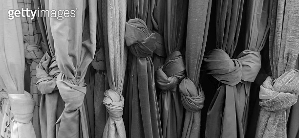 Curtain and fabric for drapery and interior decoration. Samples of ...