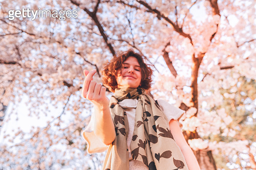 Spring positive emotions, emotions of love of young girl in blooming ...