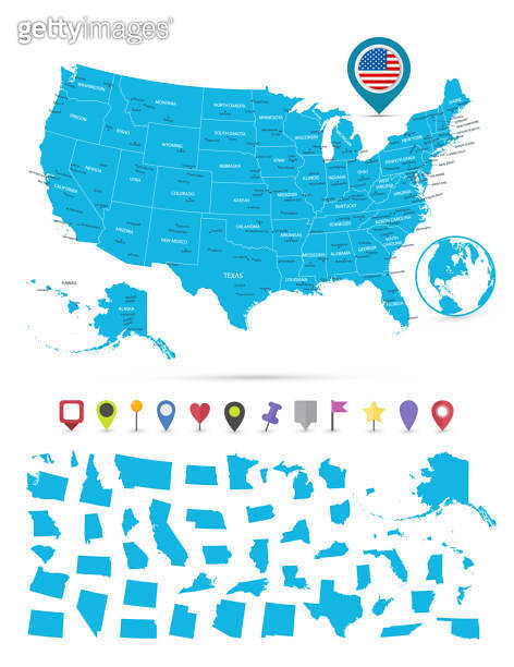 Map of USA with it's states and flat map pointers 이미지 (1431512265) - 게티 ...