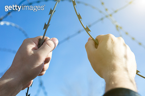 Men's hands tightly grip the barbed wire against the blue sky. The ...
