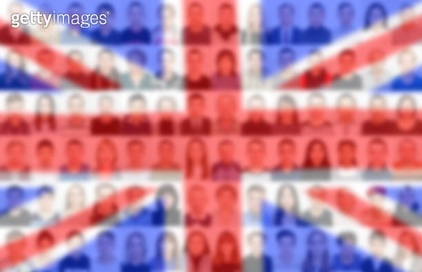Portraits of many people on the background of the flag of Great Britain ...