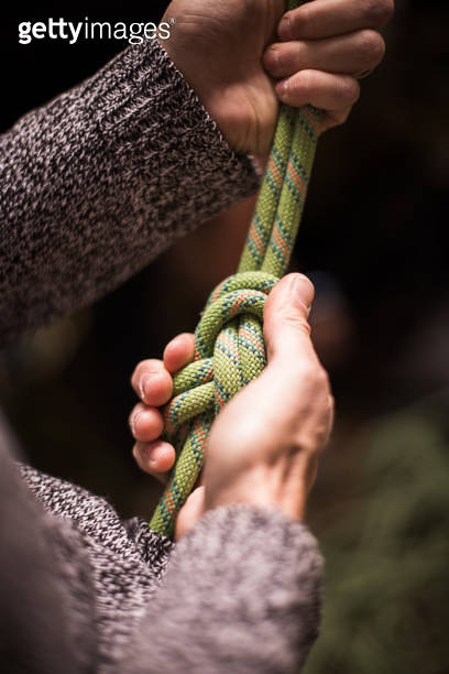 Climber's hands tying a figure eight know to the harness (1358635472 ...