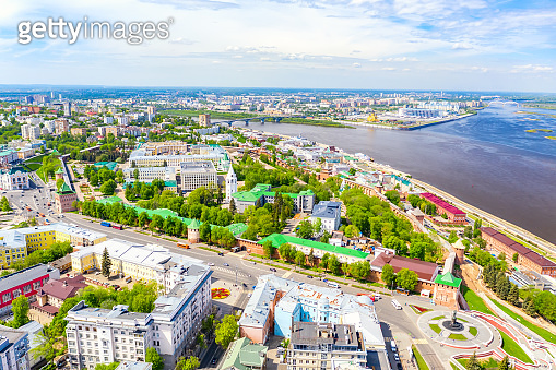 Aerial drone view of Kremlin with Volga river in Nizhny Novgorod, Russia. Summer sunny day 이미지 ...