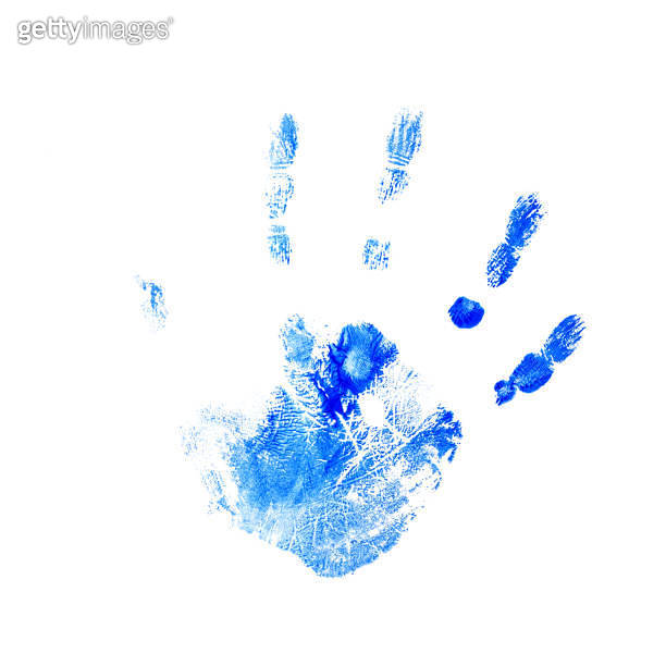 Blue hand print of a child isolated on white background. Watercolor ...