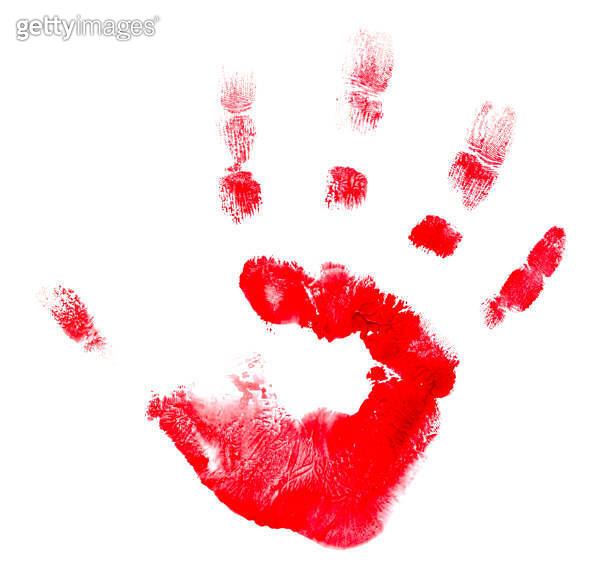 Red hand print of a child isolated on white background. Watercolor ...
