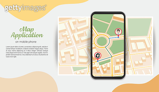 Map application on mobile phone with city direction street view and map ...