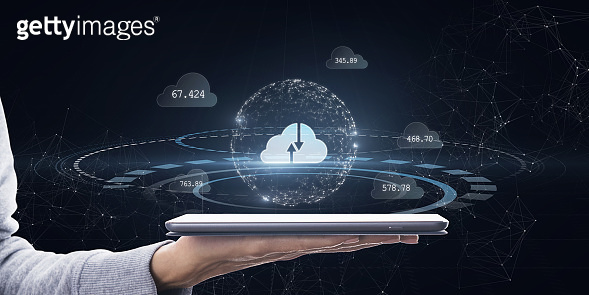 Close up of hand holding tablet with creative polygonal digital cloud ...