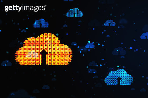 Cloud computing technology and data storage concept with digital glowing cloud with arrow up ...
