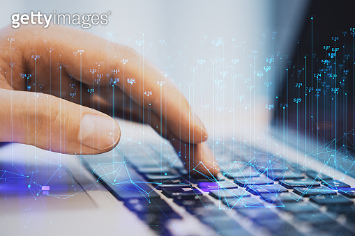 Close up of businessman hands using laptop keyboard with abstract polygonal lines on blurry ...