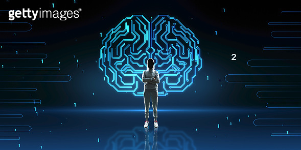 Hacker with folded arms and abstract glowing human brain hologram on blurry background ...