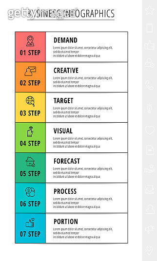 Vector line infographics with seven rectangles. Flat chart process ...