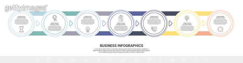 Vector minimal line infographics with circles and arrows. Business timeline 7 steps by step ...