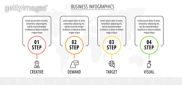 Vector four step line infographic from circles with icons and squares ...