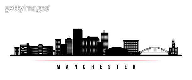 Manchester skyline horizontal banner. Black and white silhouette of ...