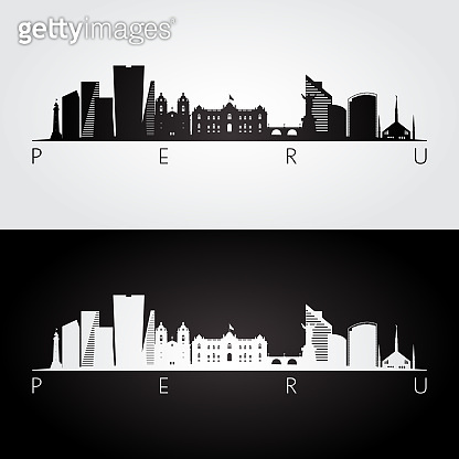 Peru skyline and landmarks silhouette, black and white design, vector ...