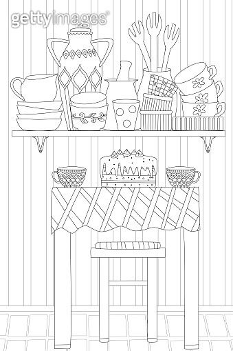 cozy homey kitchen with cake, cups on table and wall shelf of tableware ...