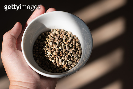 Hand holding Hemp seeds in a bowl on wooden background. High protein ...