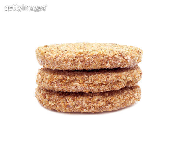 Raw burger cutlets isolated on white background. Three breaded beef ...
