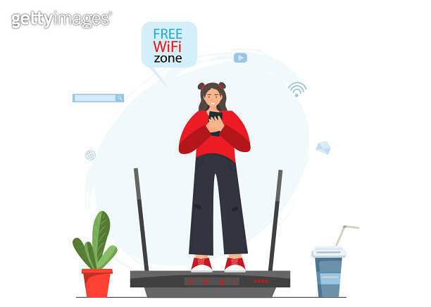 Woman using mobile phone near the Wi-Fi router, wireless connection ...