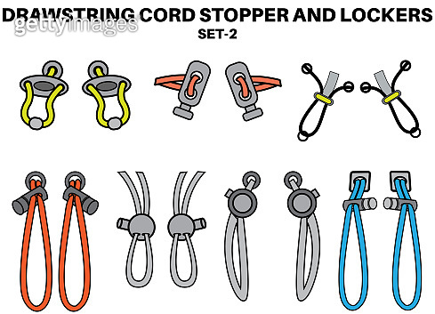 Drawstring cord stopper flat sketch vector illustrator. Set of Draw ...
