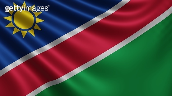 Render of the Namibia flag flutters in the wind close-up, the national ...