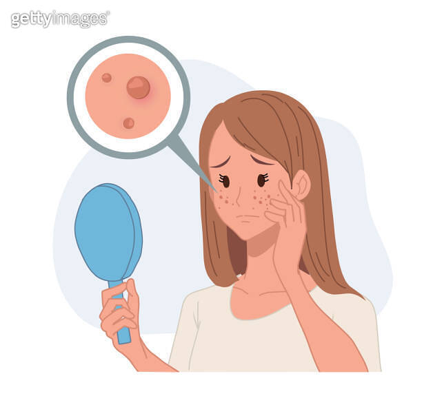 woman looking into mirror,acne problem.skin problem. skin care concept ...