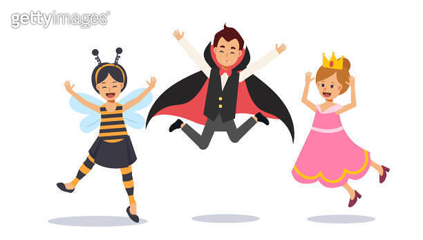 Cute Young children in Halloween costume are jumping up, Happy kids ...