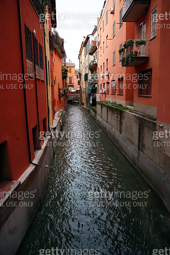 View of the canal of the river Reno in historic center of Bologna ...