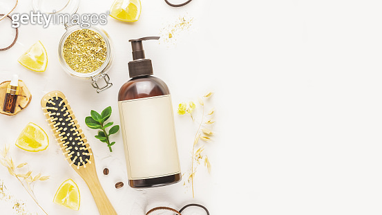 Hair care card with shampoo bottle, combs and nature ingredients 이미지 ...
